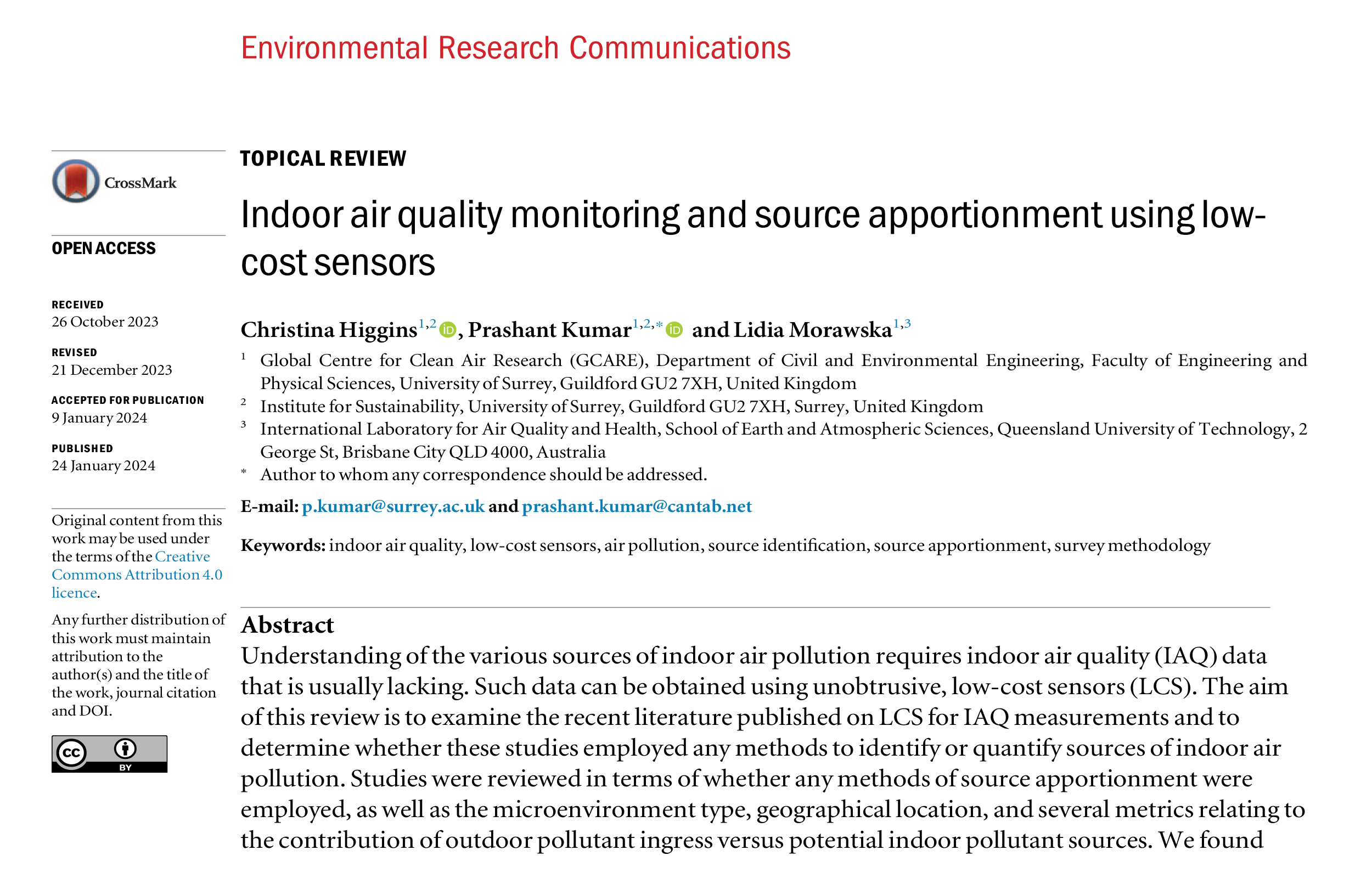 Indoor air quality monitoring and source apportionment using low-cost sensors - Thrive