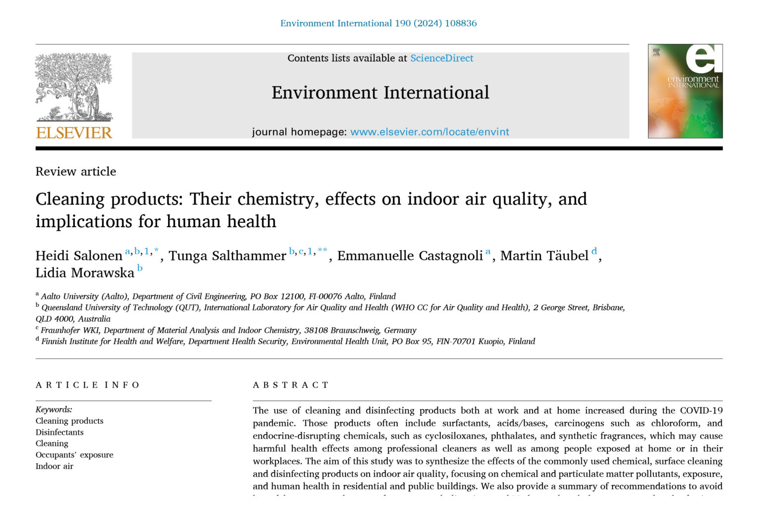 Cleaning products: Their chemistry, effects on indoor air quality, and ...
